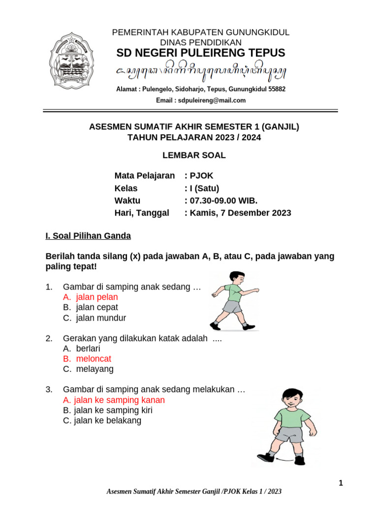 Soal Asas Ganjil Pjok Kelas 1 - 2023 | PDF