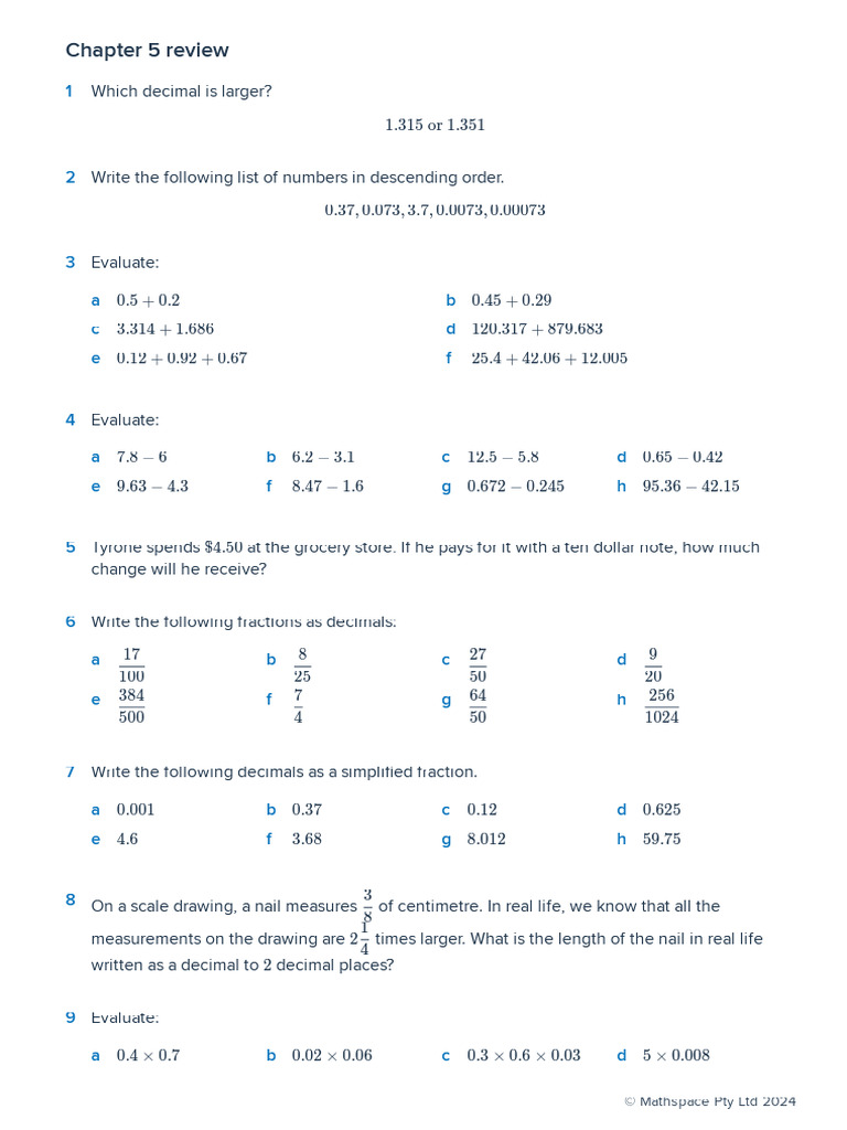 Decimals - Topic Test | PDF