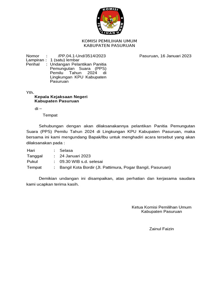 Draft Undangan Pelantikan Dan Bimtek Pantarlih Pilkada 2024 | PDF