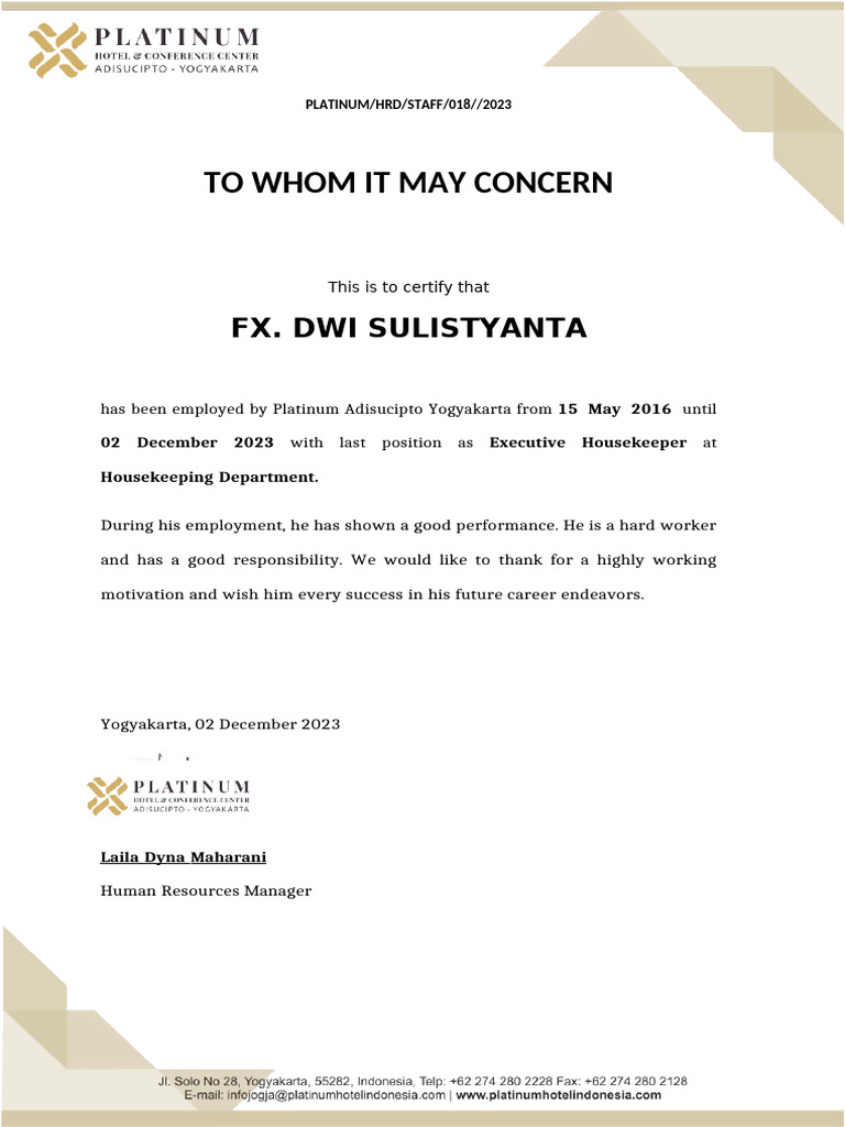 RECCOMMENDATION LETTER - DWI SULISTYANTA | PDF