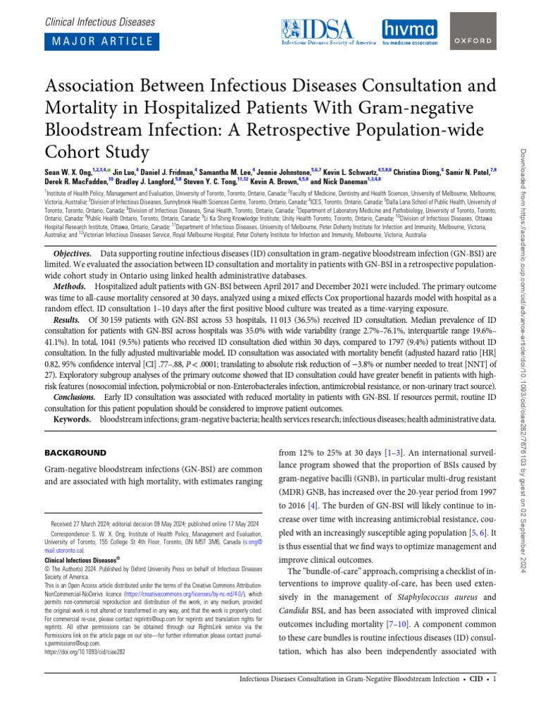 Infectious Diseases Consultation and Mortality in Hospitalized Patients With Gram-Negative | PDF ...