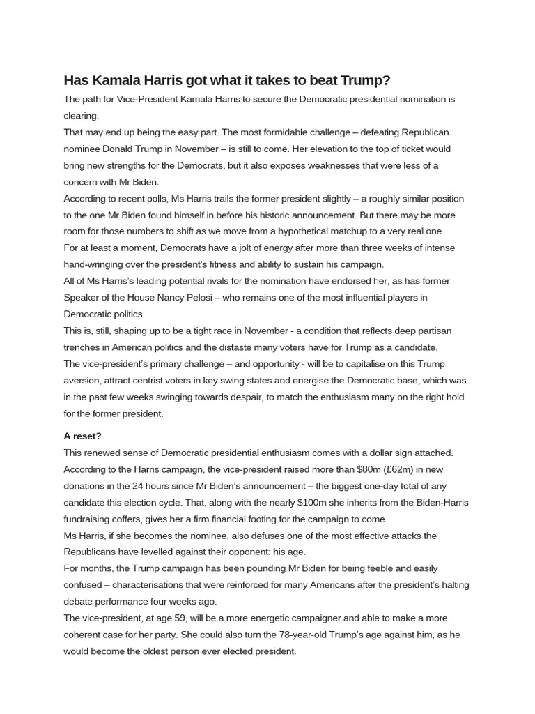 Has Kamala Harris Got What It Takes To Beat Trump | PDF
