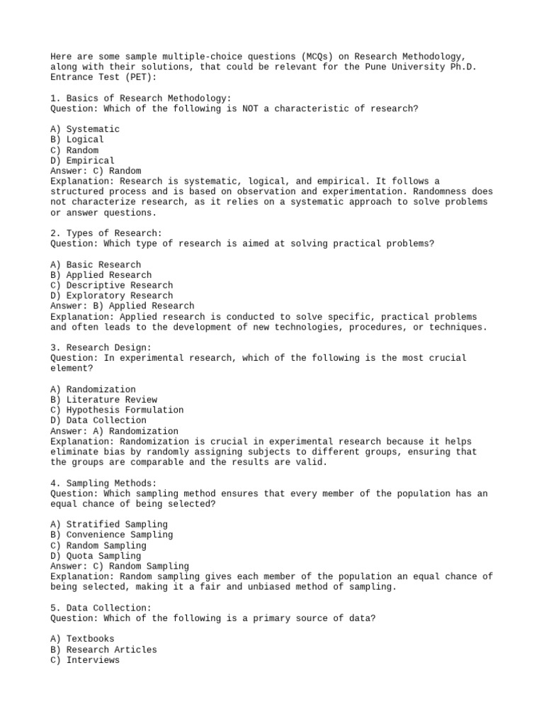 sample multiple-choice questions (MCQs) on Research Methodology | PDF