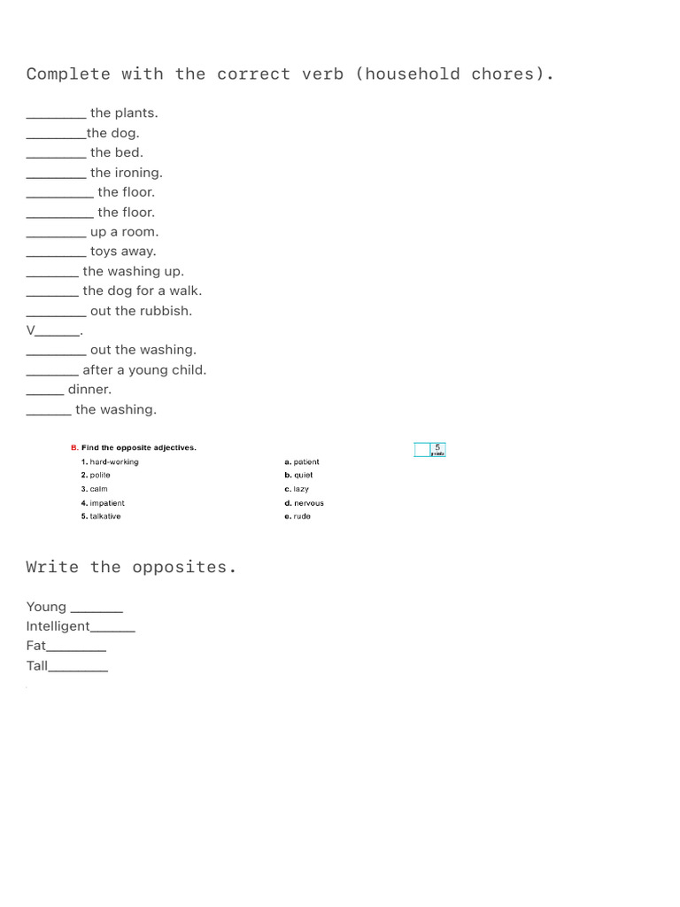 Complete With The Correct Verb (Household Chores) . | PDF
