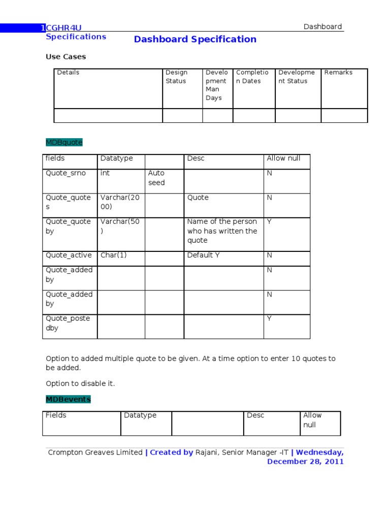 Dashboard Specification: Cghr4U Specifications | PDF | Computing | Software