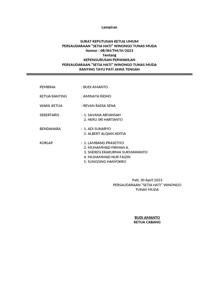 Daftar Pengurus Ranting Tayu | PDF