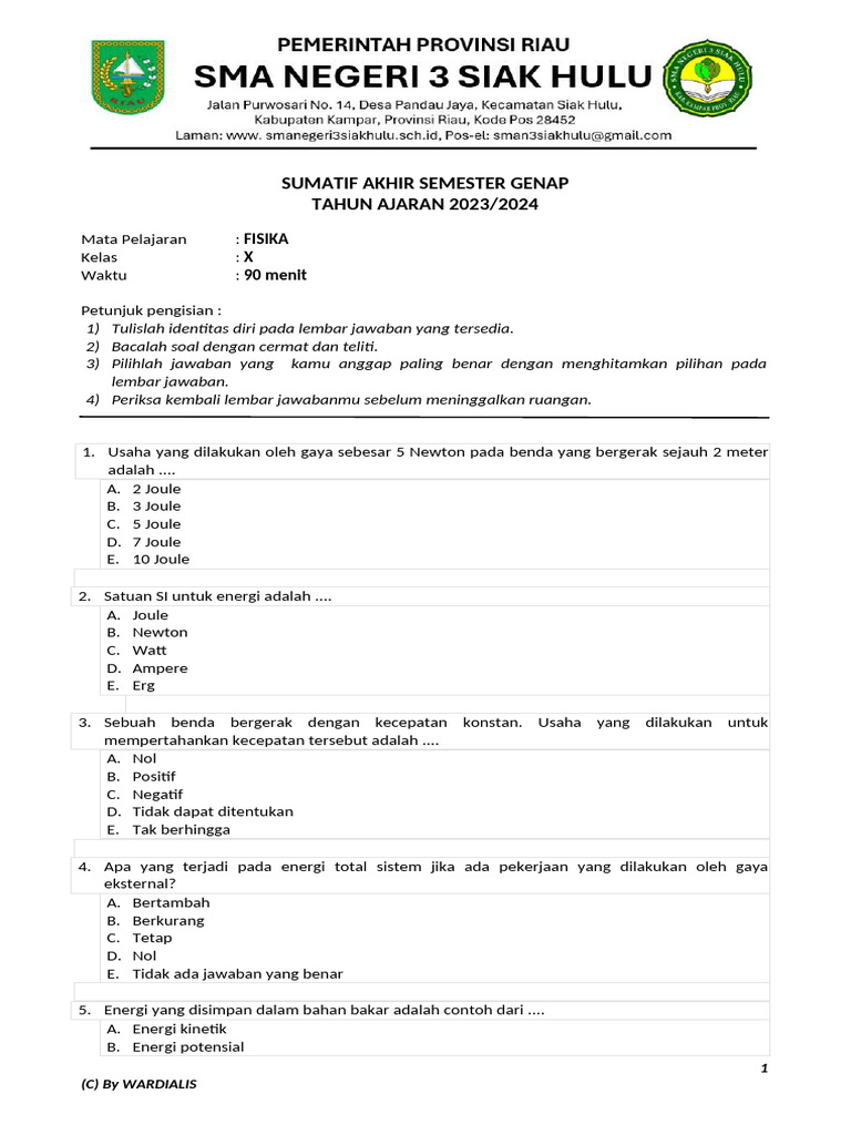 Soal Fisika X Asas Genap 2024 (Wardialis) | PDF