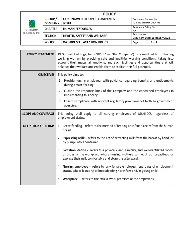 JG-CMS-Bulletin-No.-2024-01-Workplace-Lactation-Policy | PDF