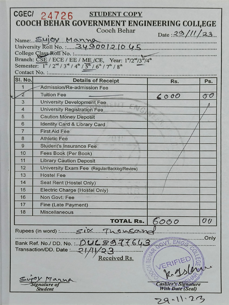College Fee Receipt 2024 | PDF | Fee | Market (Economics)