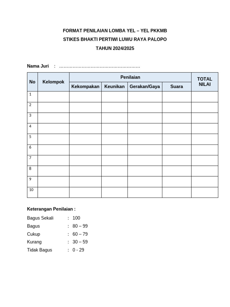 Format Penilaian Lomba Yel-Yel | PDF