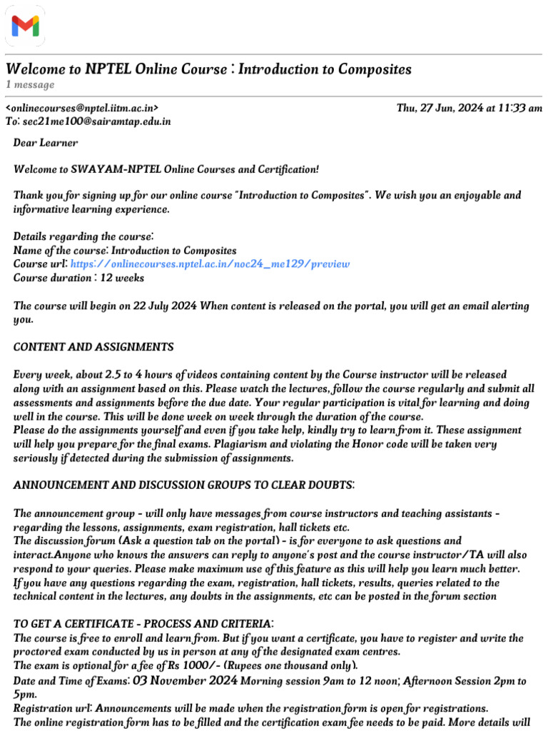 Gmail - Welcome To NPTEL Online Course - Introduction To Composites | PDF Gmail - Welcome To NPTEL Online Course - Introduction To Composites | PDF