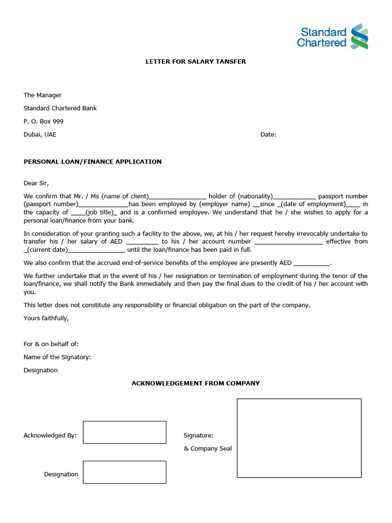 Salary Transfer Letter to Bank Template | PDF