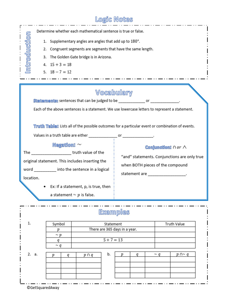 U7L2 - Introduction To Logic and Truth Tables Guided Notes and Practice ...