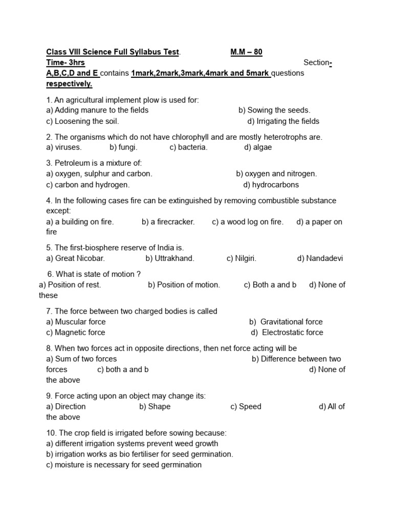 class 8 ch-1 to 5 and 8 test | PDF