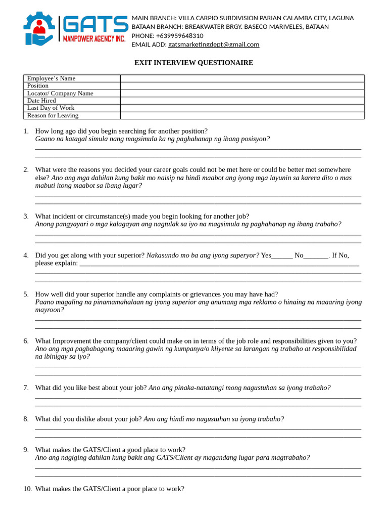 Exit Interview Questionaire - Tin | PDF