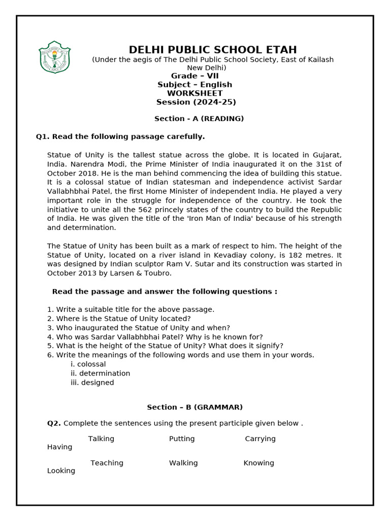 Grade 7th WORKSHEET 1 English | PDF