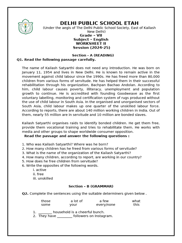 Grade 7th WORKSHEET 2 English | PDF