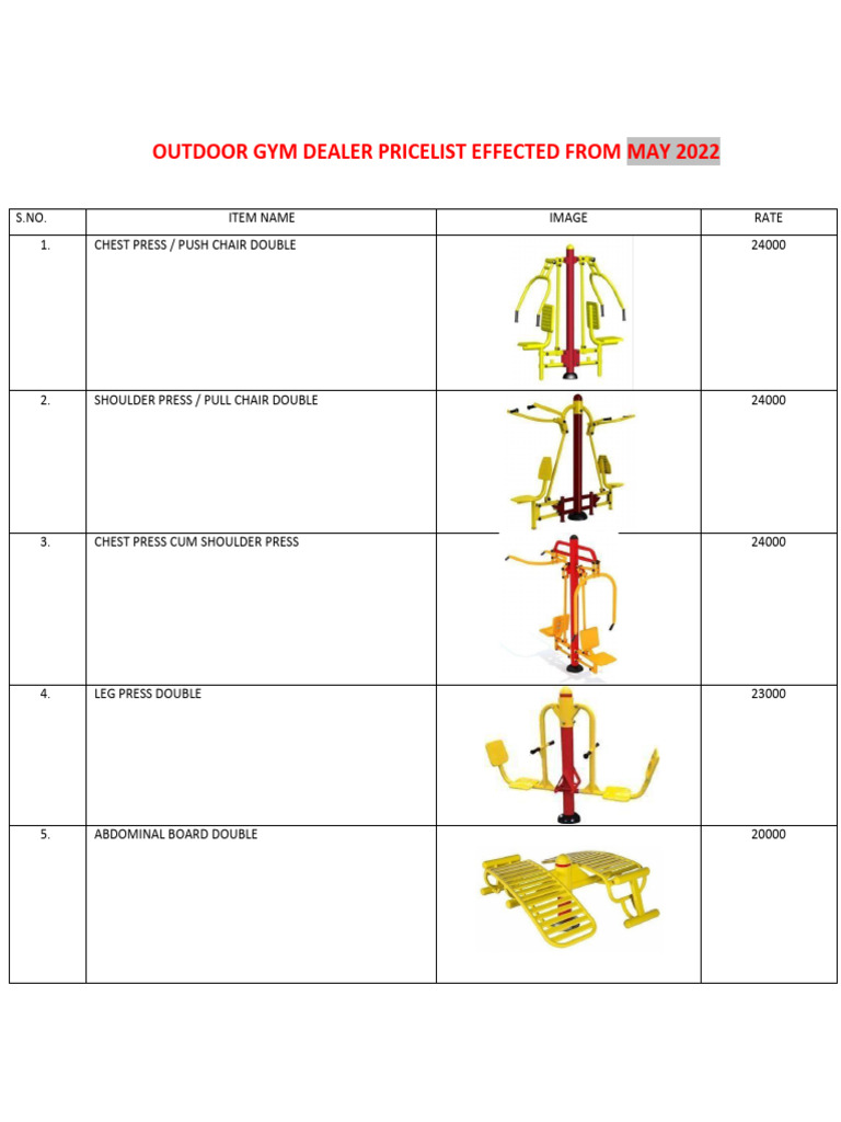 Outdoor Gym Dealer Pricelist May 2022 | PDF | Physical Exercise