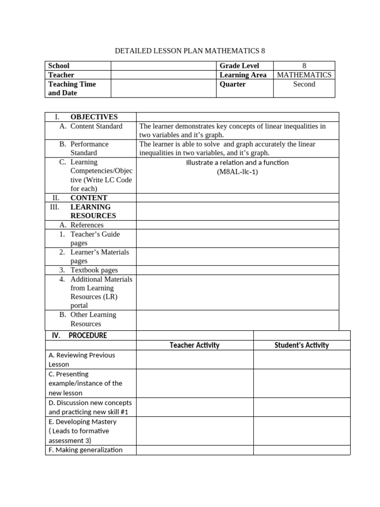 Detailed Lesson Plan Mathematics 8 | PDF