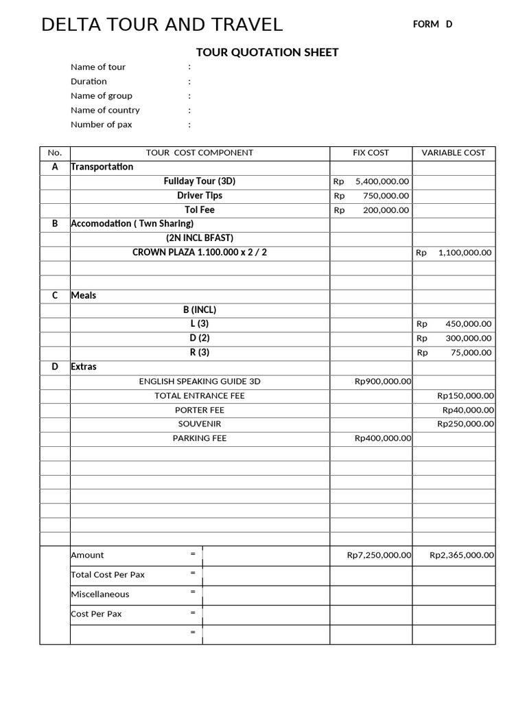 D - Tour Quotation Sheet | PDF