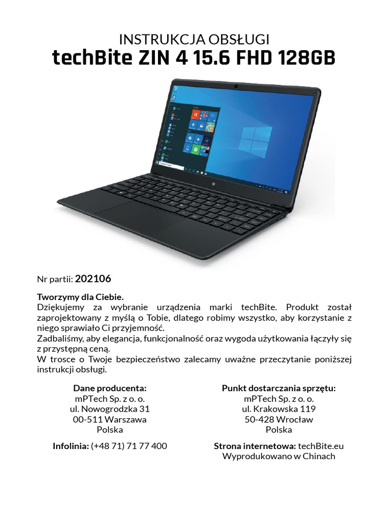 Techbite ZIN 4 15.6 128GB FHD - Instrukcja Obsługi - 2021-04-22 - PL - EN | PDF