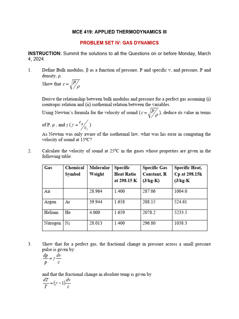 Problem Set IV 2023-2024 - MCE 419 - Gas Dynamics | PDF