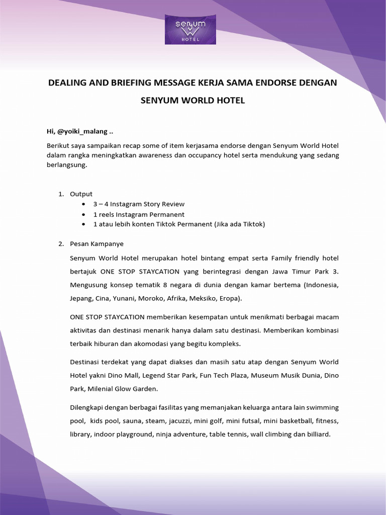 Dealing and Briefing Message Kerja Sama Endorse Dengan Yoiki - Malang | PDF