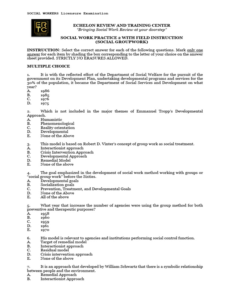 Social Work Practice 2 With Field Instruction - Virtual Pre-Board Examination | PDF