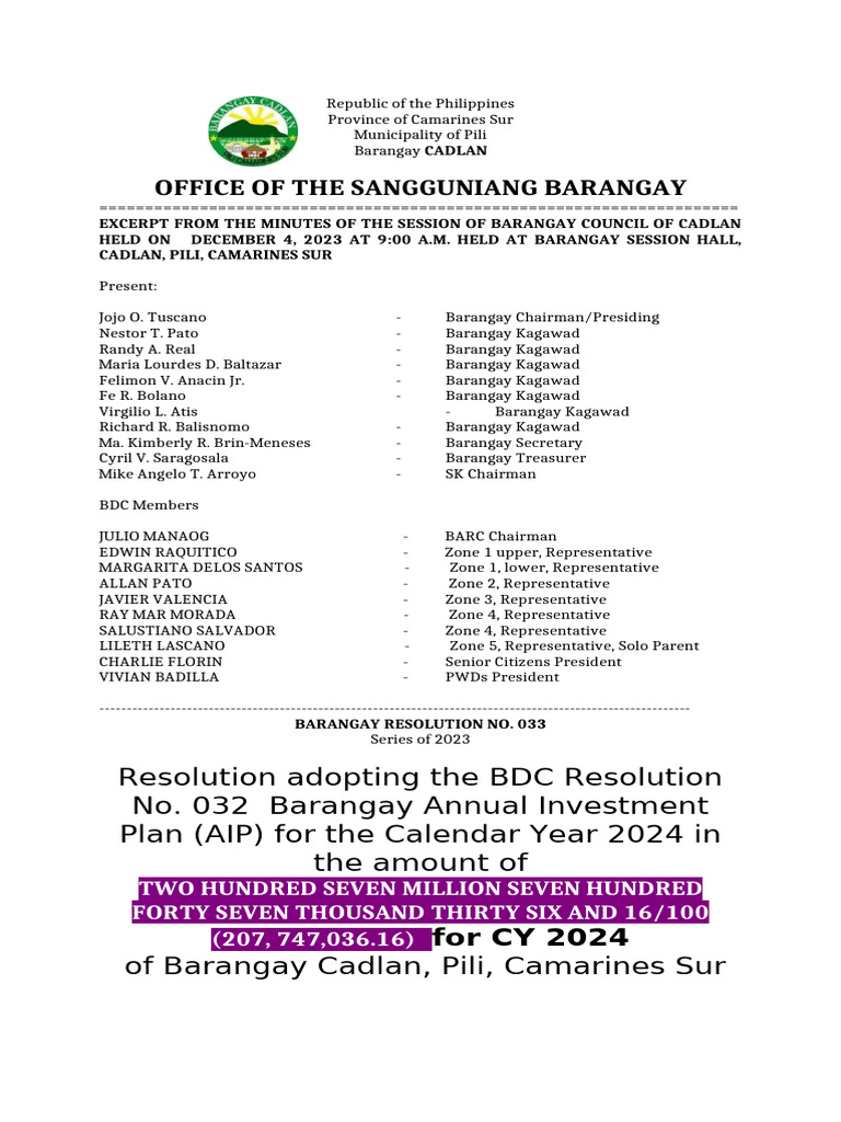 Resolution No. 033 - Adopting Aip 2024 | PDF