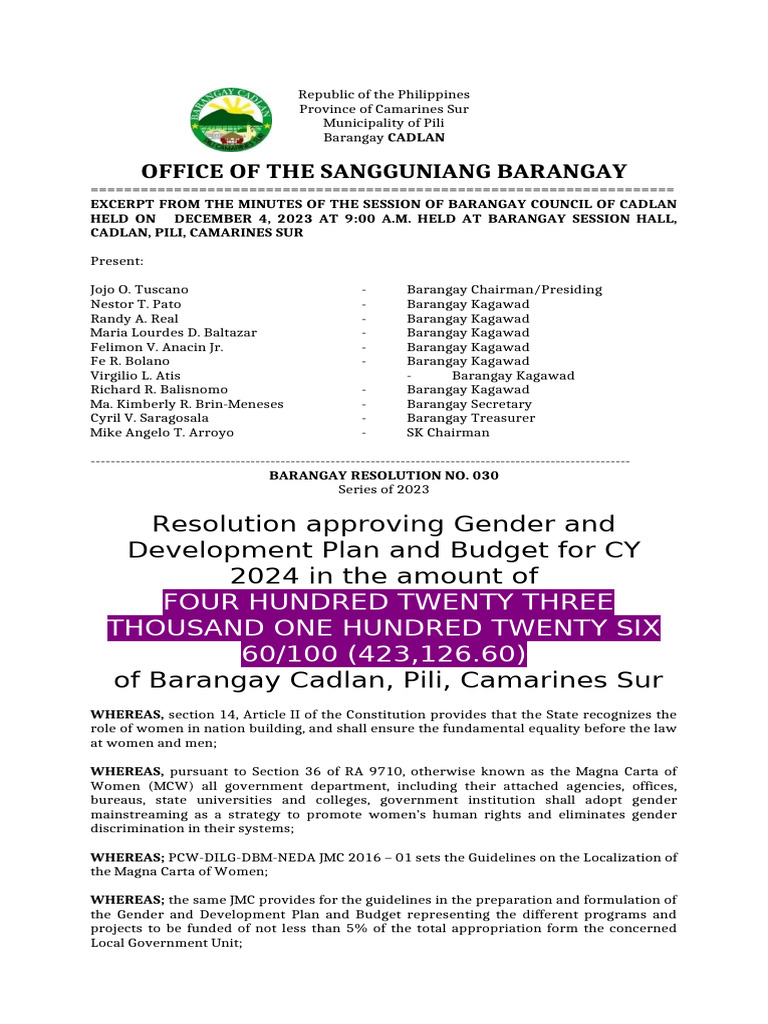 RESOLUTION NO. 030 - GAD 2024 | PDF