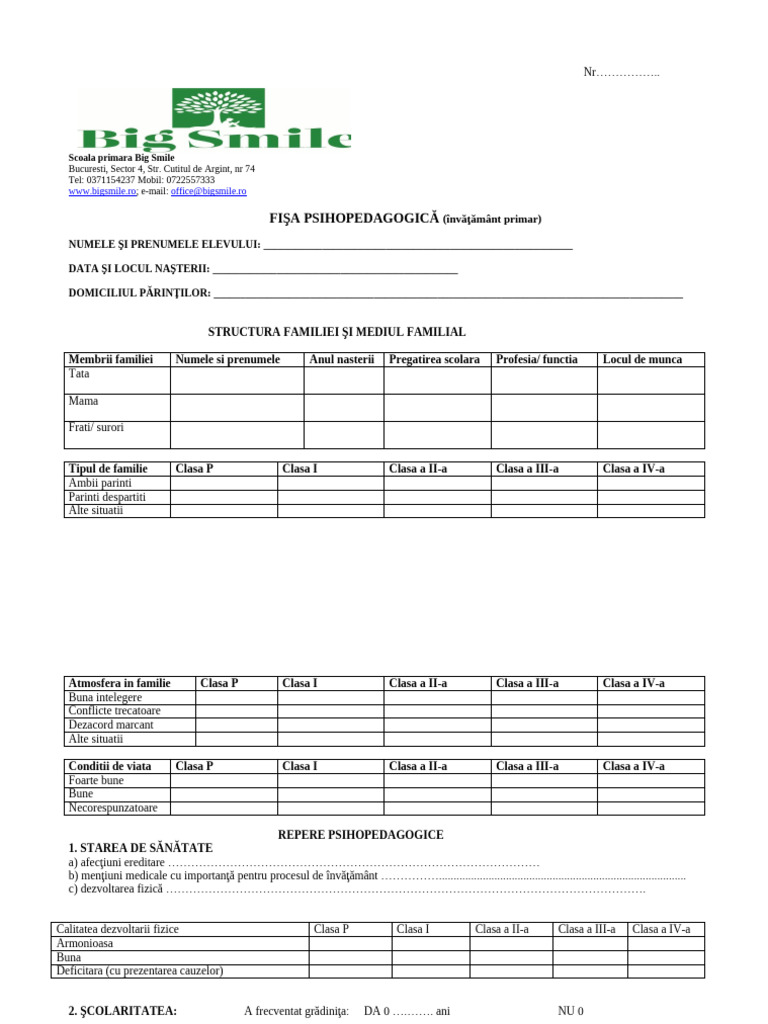 Fisa Psihopedagogica, Elevi | PDF