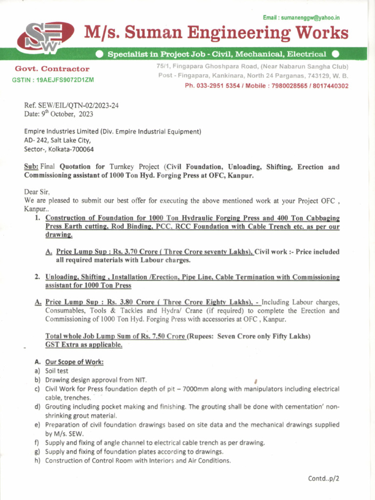 Final Quotation For Turnkey Project of 1000 Ton Press | PDF