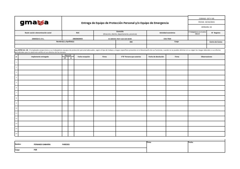 SST-F-05 Registro de Entrega de EPP | PDF