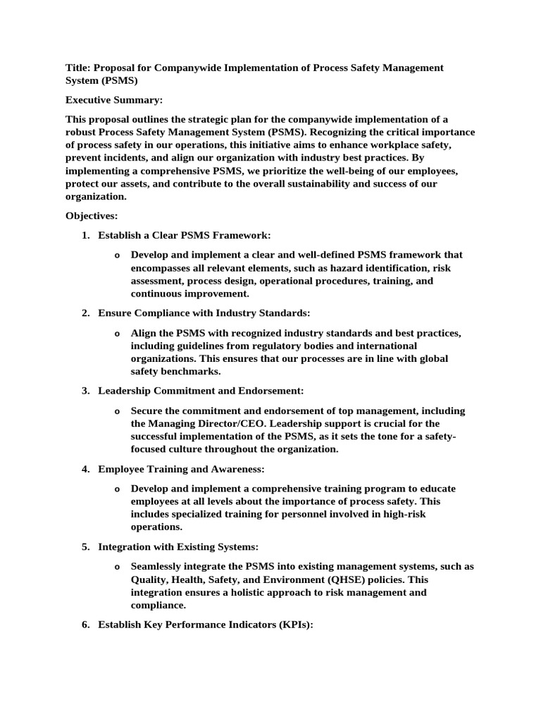 Proposal For Companywide Implementation of Process Safety Management | PDF
