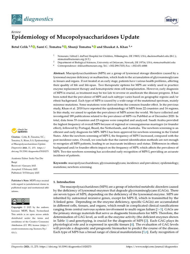 Celik 2021 Epidemiology of Mucopolysaccharidos | PDF
