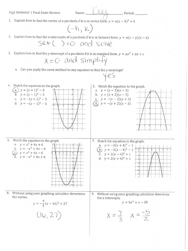 Alg 2 Semester 1 Final Review Packet Answers No Work | PDF