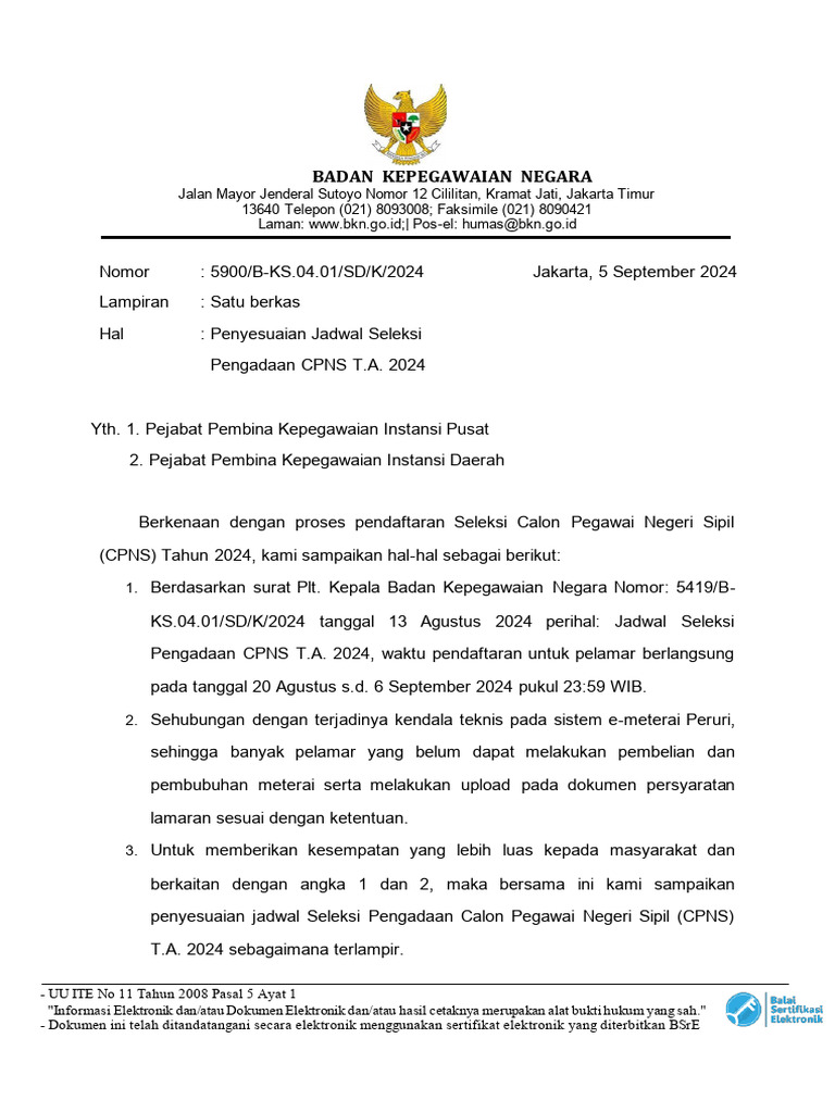 Penyesuaian Jadwal Seleksi Pengadaan CPNS Tahun Anggaran 2024 | PDF Penyesuaian Jadwal Seleksi Pengadaan CPNS Tahun Anggaran 2024 | PDF