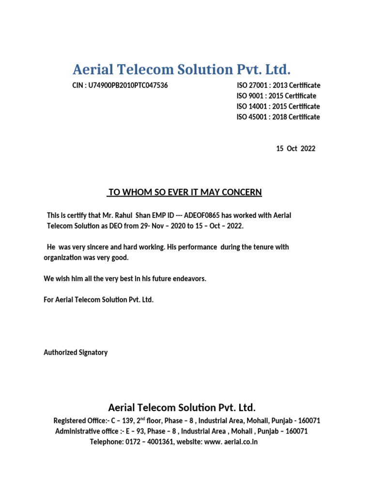 Aerial Telecom Solution PVT | PDF | Technology & Engineering