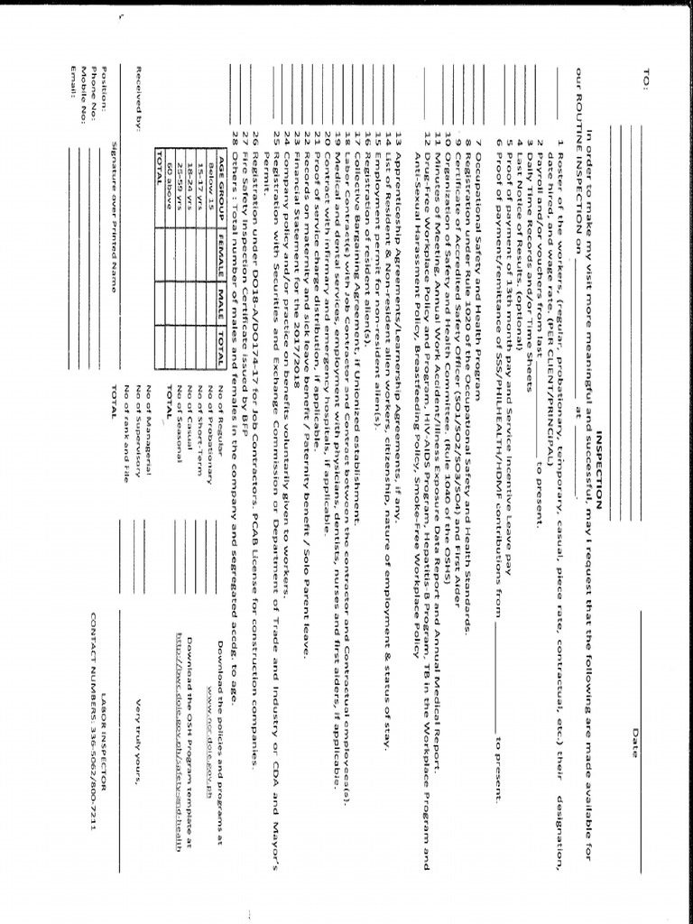 DOLE Inspection Checklist | PDF