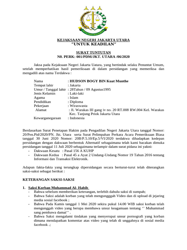 Surat Tuntutan (PLKH PIDANA B) | PDF