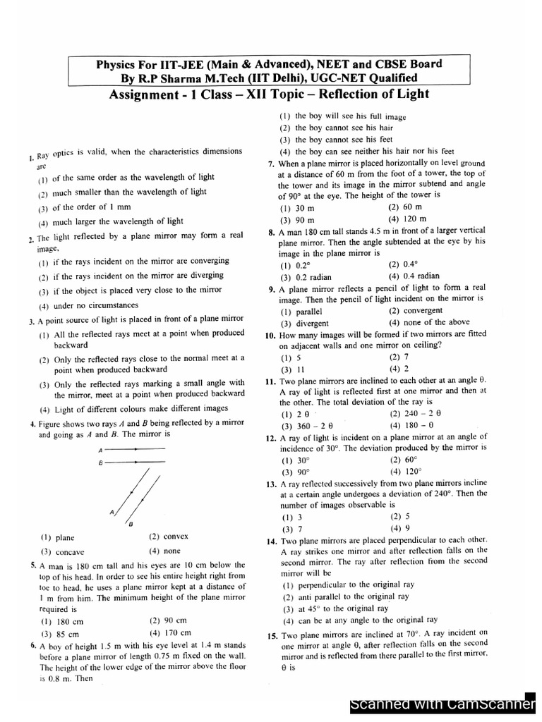 Assignment - 1 Class XII Reflection of Light | PDF