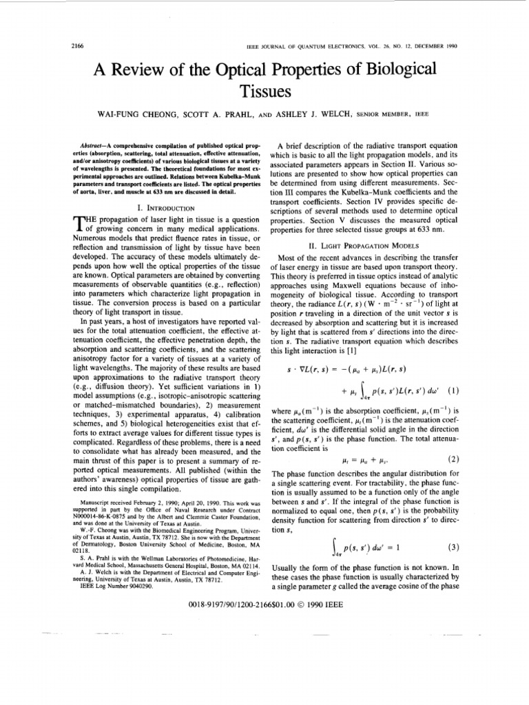 A Review of the Optical Properties of Biological Tissues | PDF