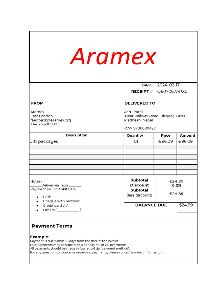 Aramex Gift Package Receipt 2024 | PDF