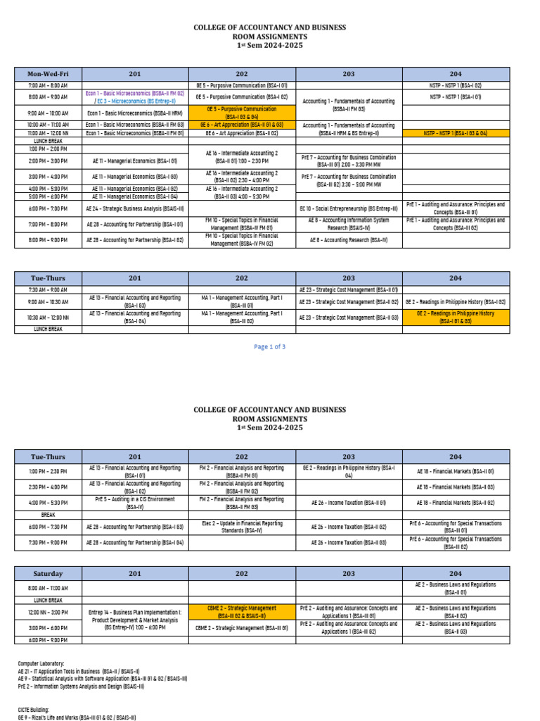 BSA and BSAIS 1st Sem 2024 2025 Room Assignment UPDATED | PDF