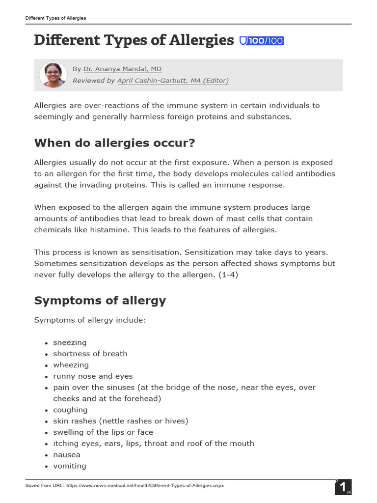 Different Types of Allergies | PDF