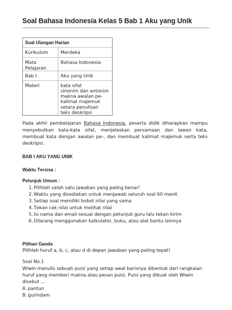 Soal Bahasa Indonesia Kelas 5 Bab 1 Aku Yang Unik Pdf
