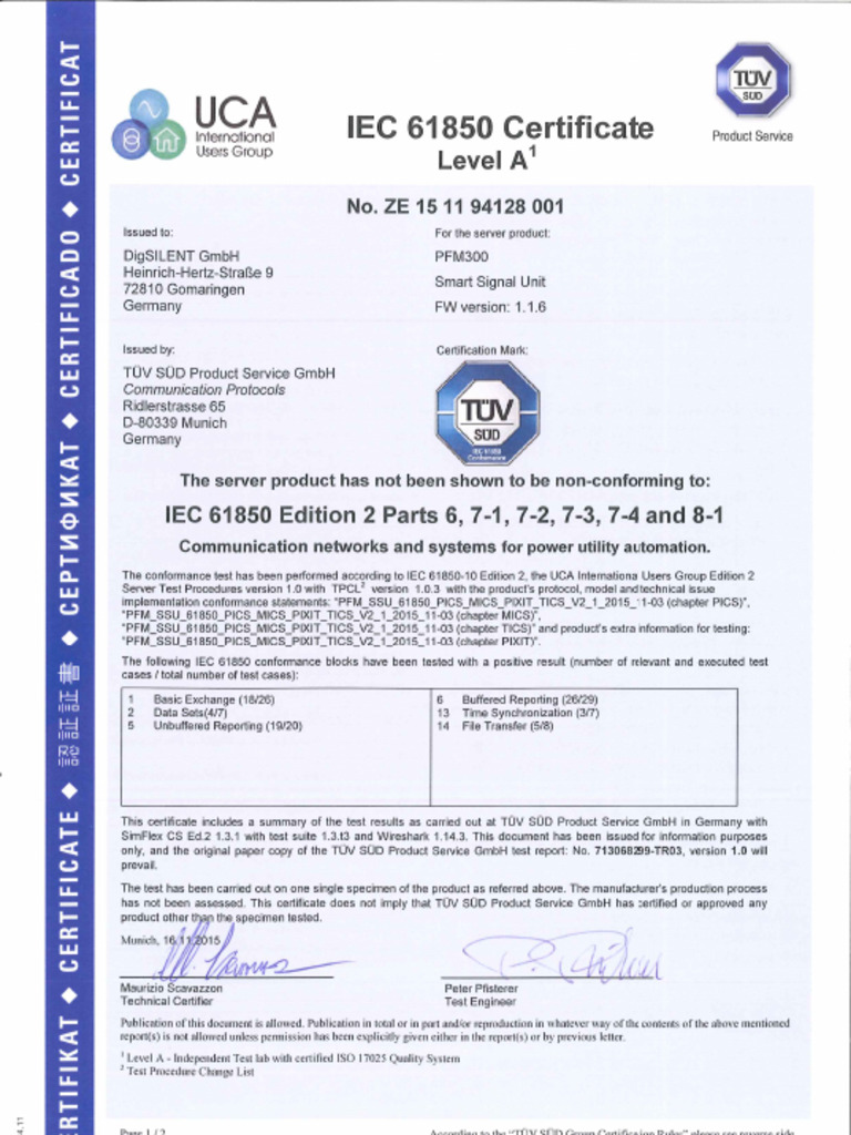 PFM300 UCA IEC61850 Ed2 Certificate | PDF