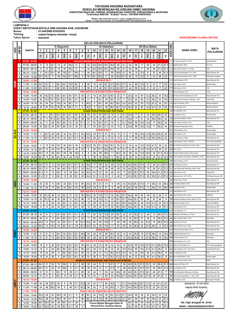 F) Jadwal Pelajaran Sem. Ganjil T.A 2024-2025 (Kur-II-Rev26072024) | PDF