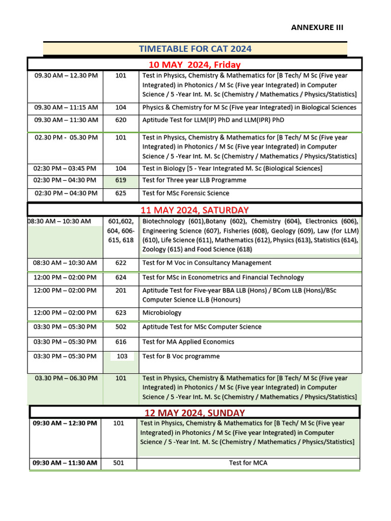 Timetable For Cat 2024: 10 MAY 2024, Friday | PDF