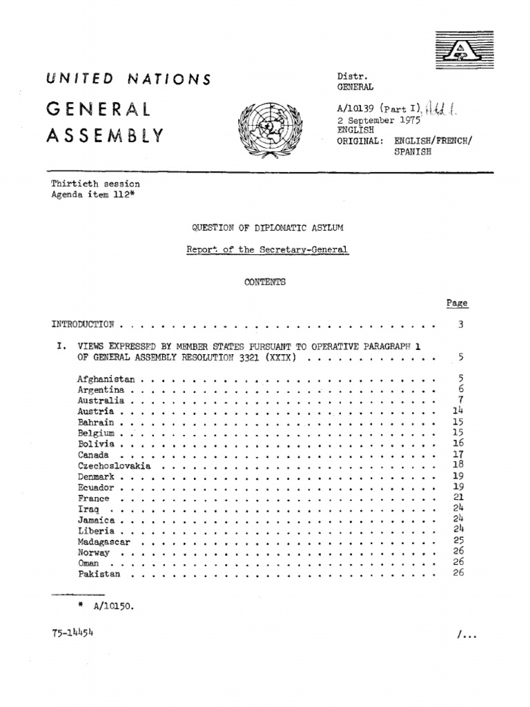 16.1.UN General Assembly, Question of Diplomatic Asylum Report of The ...